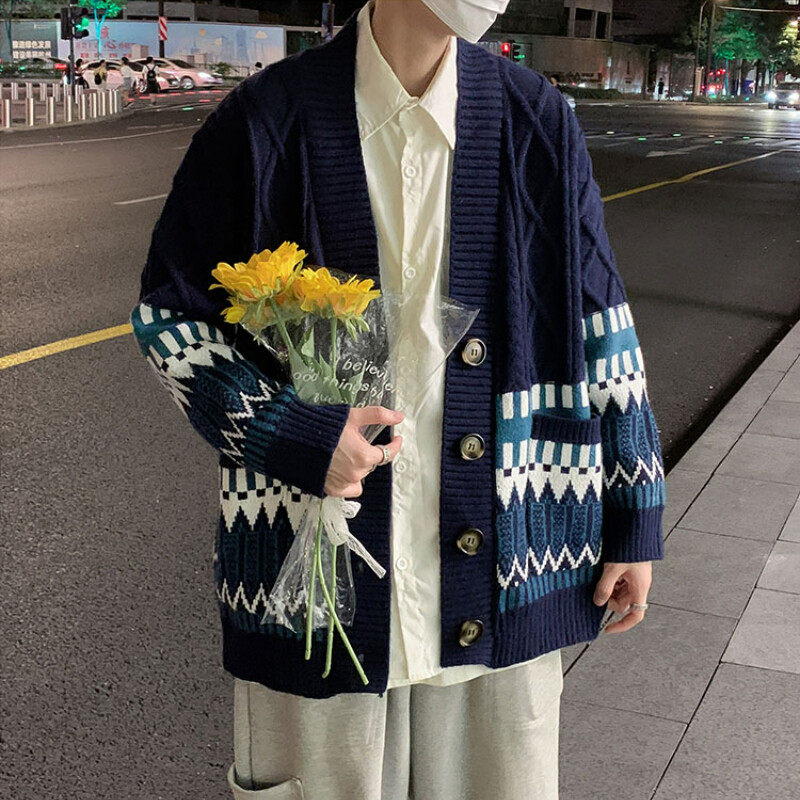 Mens Knitted Jumper Cardigan Sweater Japanese Ethnic Thermal Knitwear ...
