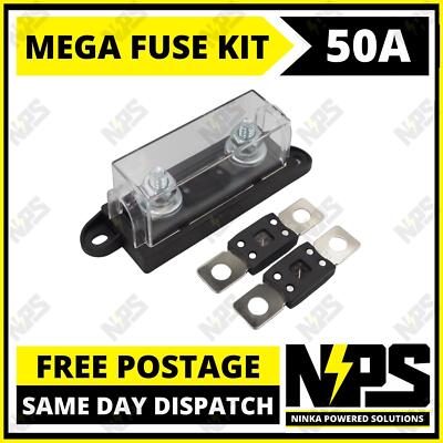 50A MEGA FUSE KIT 1x ANM Holder 2x 50 AMP Fuses Dual Battery Sound ...