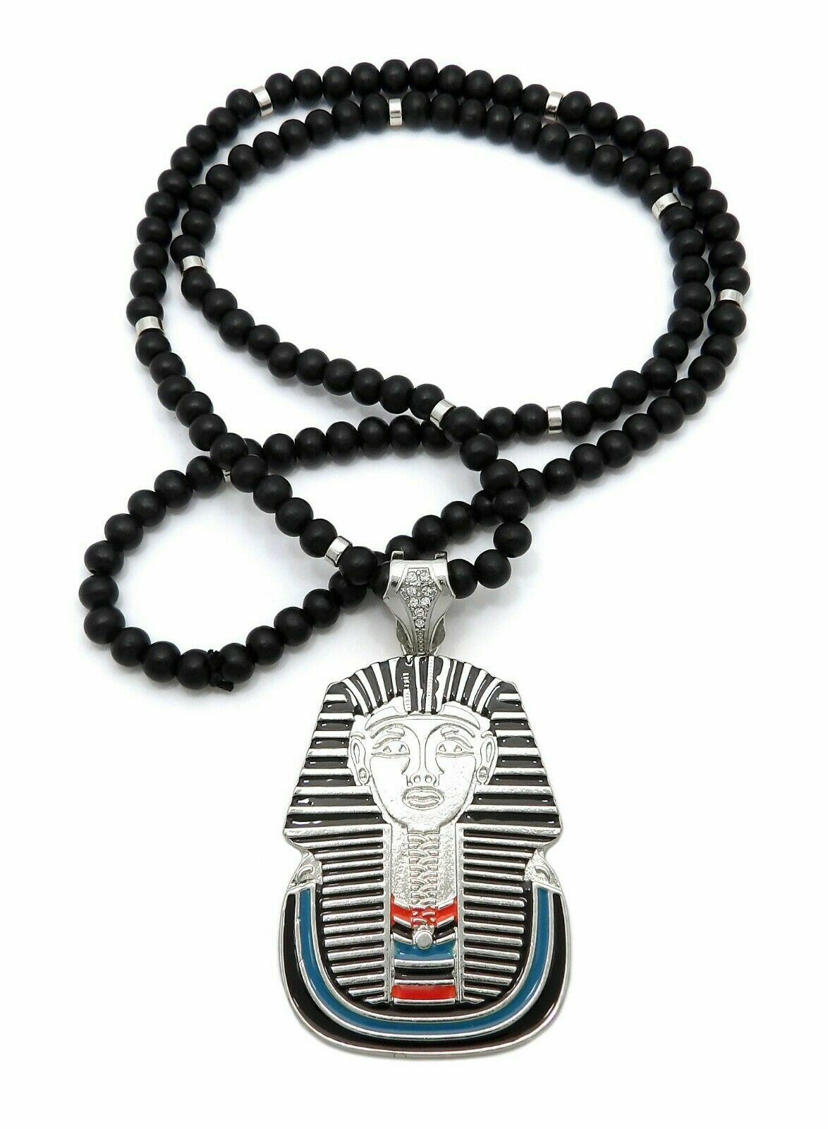 HIP HOP EGYPTIAN PHARAOH KING TUT PENDANT & 36" 8mm BLACK WOODEN BLING ...