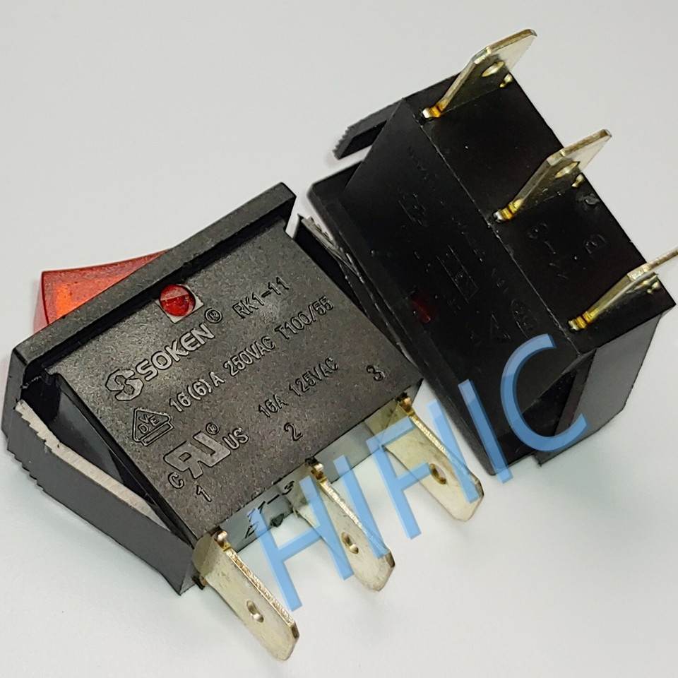 SOKEN RK1-11 Rocker Switch Red Lamp 16A 125/250VAC 3 Pins 2 Positions ...