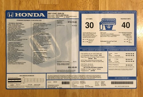 2007 Honda 2DR EX Window Price Window Sticker | eBay