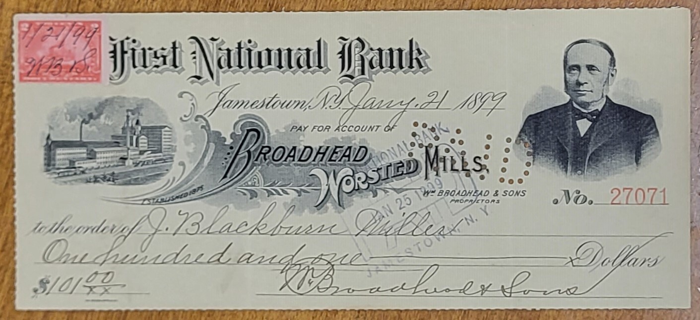 Bank Check Receipt 1899 Jamestown New York First National Bank Revenue ...
