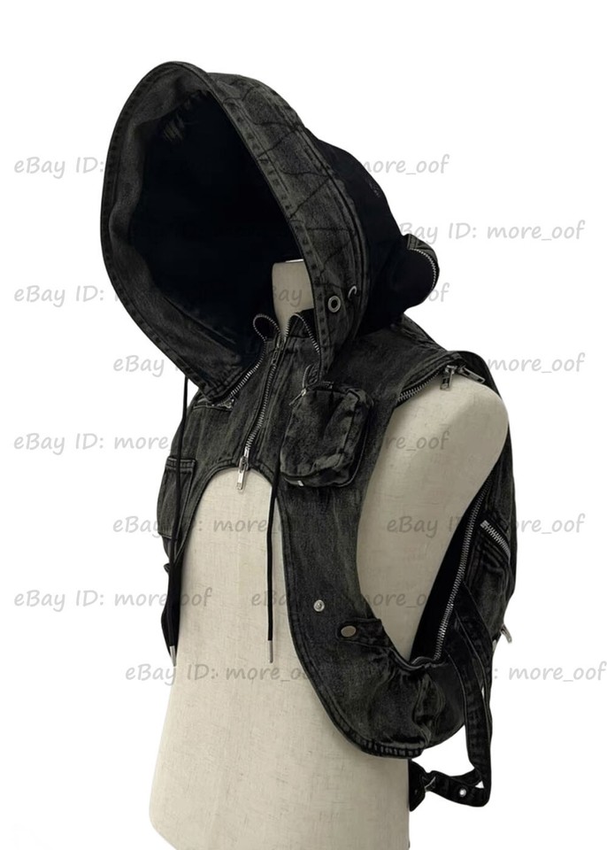 No Faith Multi Zipper Denim Hood Backpack Vest Multifunctional Bag Men ...