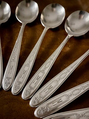 8 ~ Oneida Grosvenor 1921 Soup Spoons Community Silver Plate MONOGRAM ...