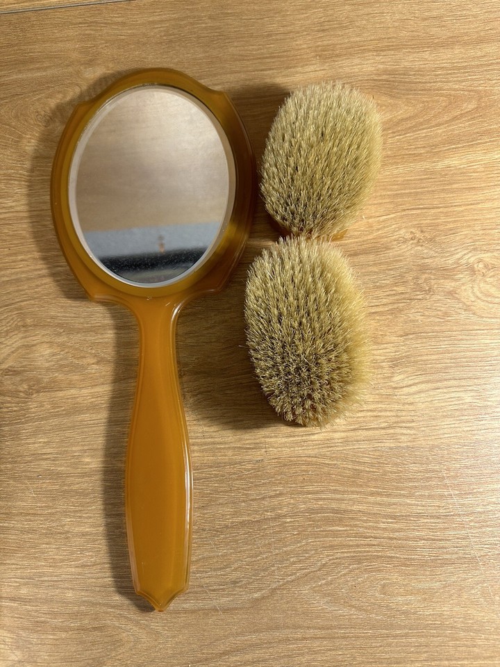 VTG Art Deco Handheld Mirror & 2 Brushes, Cream Color Dresser Set | eBay UK