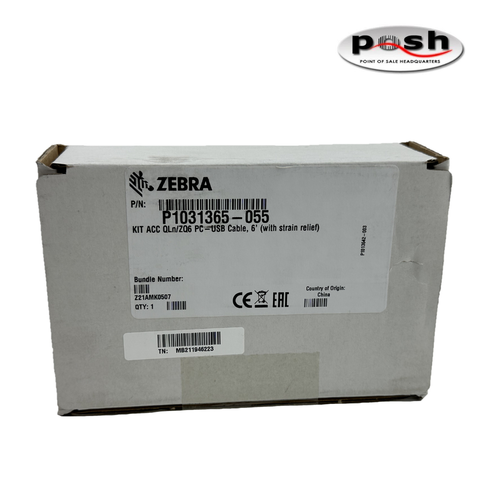 Unused Zebra USB Cable: P1031365-055 (6FT) for QLN/ZQ6 W/Strain relief ...