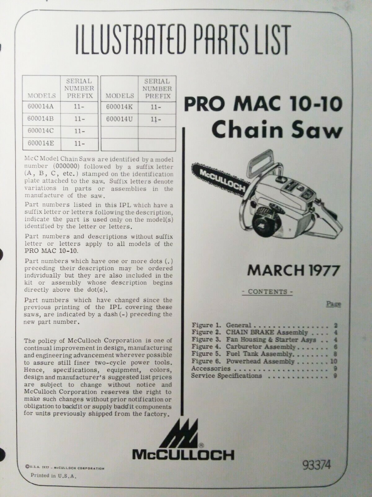 McCulloch Pro Mac 10-10 Chainsaw Illustrated Parts List March 1977 | eBay