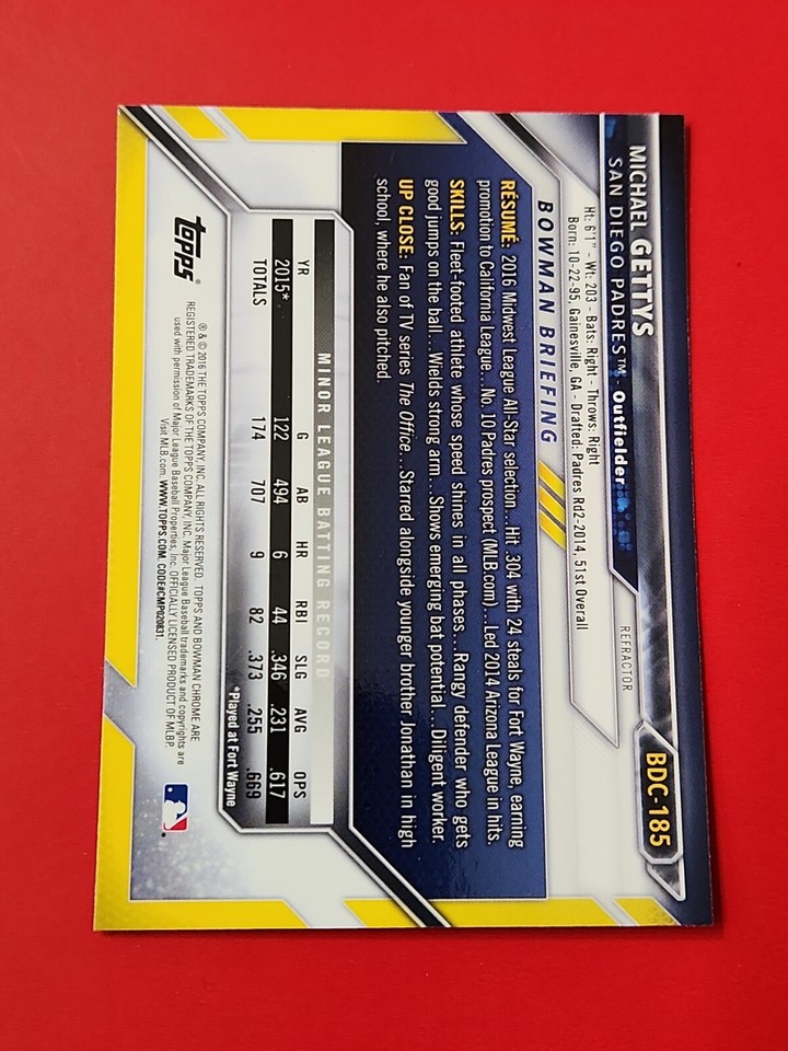 Michael Gettys 2016 Bowman Chrome Draft Refractor ,#BDC-185 , San Diego ...
