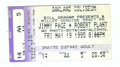 1995 JIMMY PAGE ROBERT PLANT LED ZEPPELIN CONCERT TICKET STUB OAKLAND ...