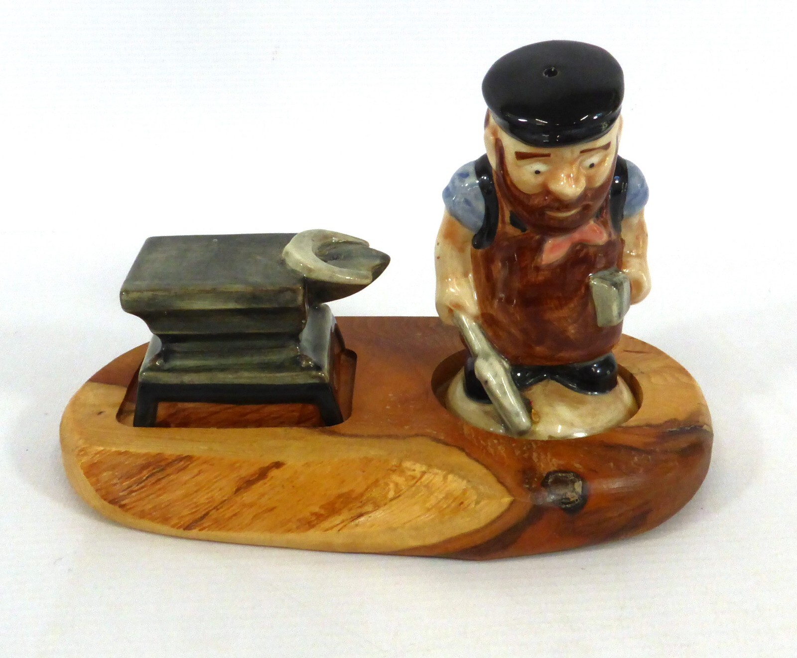 Novelty 'Blacksmith with Anvil' Ceramic Salt and Pepper Set on Wooden ...
