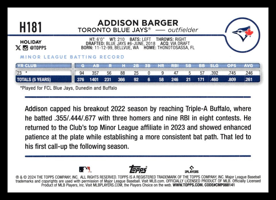 2024 Topps Holiday #H181 Addison Barger | eBay