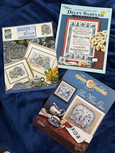 Delft Blue/White Willow China, Flowers & Sampler- (3) cross stitch ...