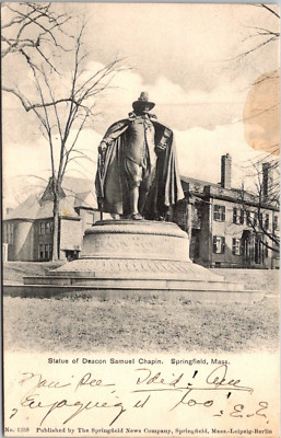 Springfield Massachusetts MA Deacon Samuel Chaplin Statue 1905 RPPC RPO ...