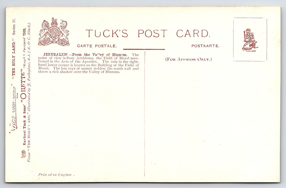 VINTAGE OLD ANTIQUE POSTCARD CITY OF JERUSALEM ISRAEL HOLY LAND TUCK'S ...