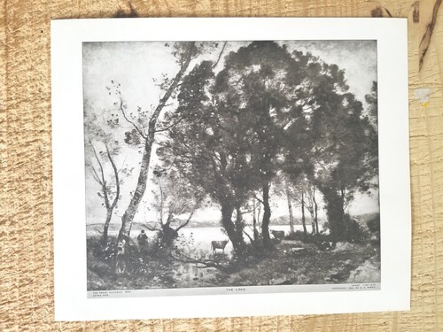 THE LAKE BY COROT.VTG 12" x 10" PERRY ENGRAVING PRINT.EX-LIB STICKER IN ...