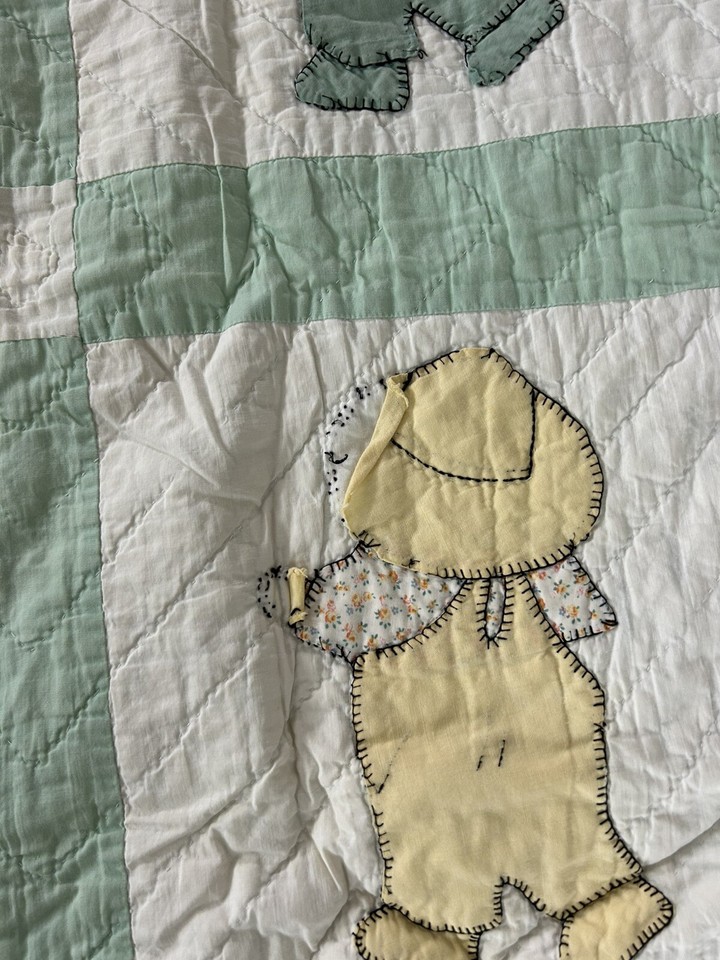 Vtg 1930s Overall Sam Applique Quilt Cutter Hand Sewn Embroidered Green ...