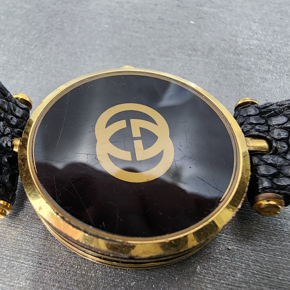 Gucci 2000M Watch Men 30mm Black Dial Gold Plated Leather Round New ...