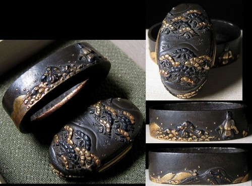 Japanese Antique sword Tsuba Fuchi Kashira Court noble design Edo ...