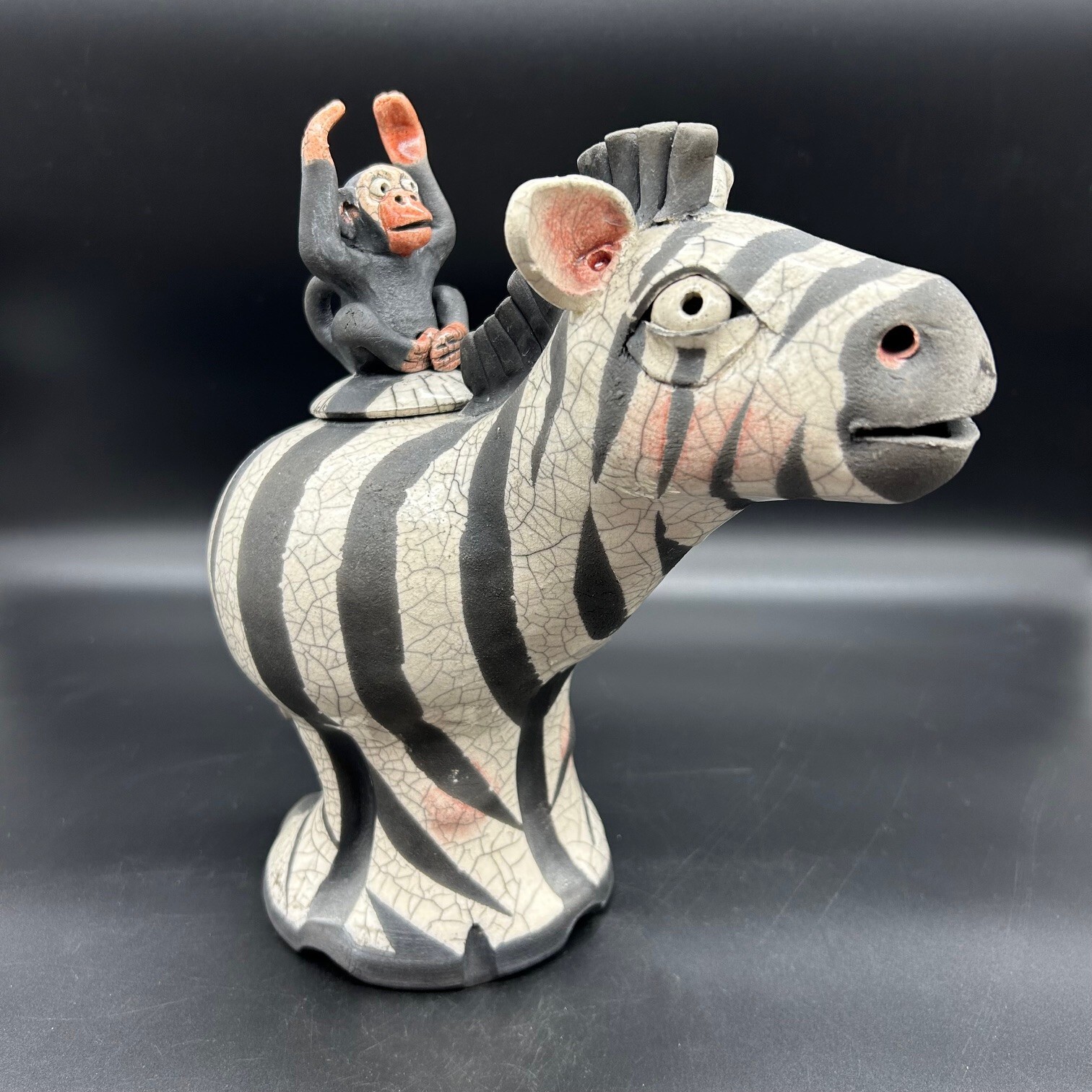 Peter Alsen Raku Pottery Oregon Zebra with Monkey Vessel Whimsical ...