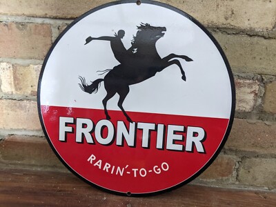 VINTAGE FRONTIER GASOLINE & MOTOR OIL PORCELAIN ENAMEL PUMP SIGN 12 ...