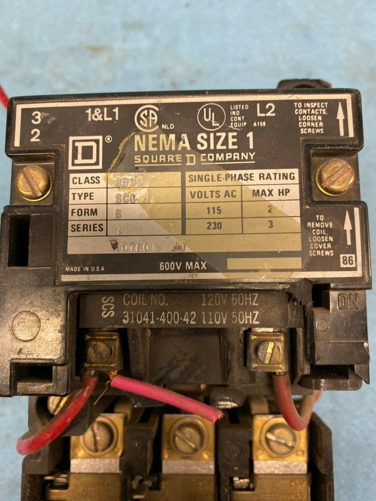 SQUARE D STARTER 8536SC01 SERIES A 1PH 115VAC/2 HP 230VAC/3 HP SIZE 1 ...