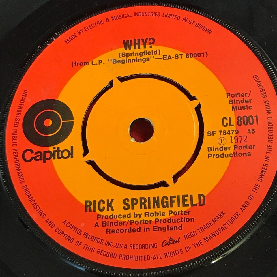 RICK SPRINGFIELD Speak To The Sky 1972 UK 7" vinyl single original 45 ...