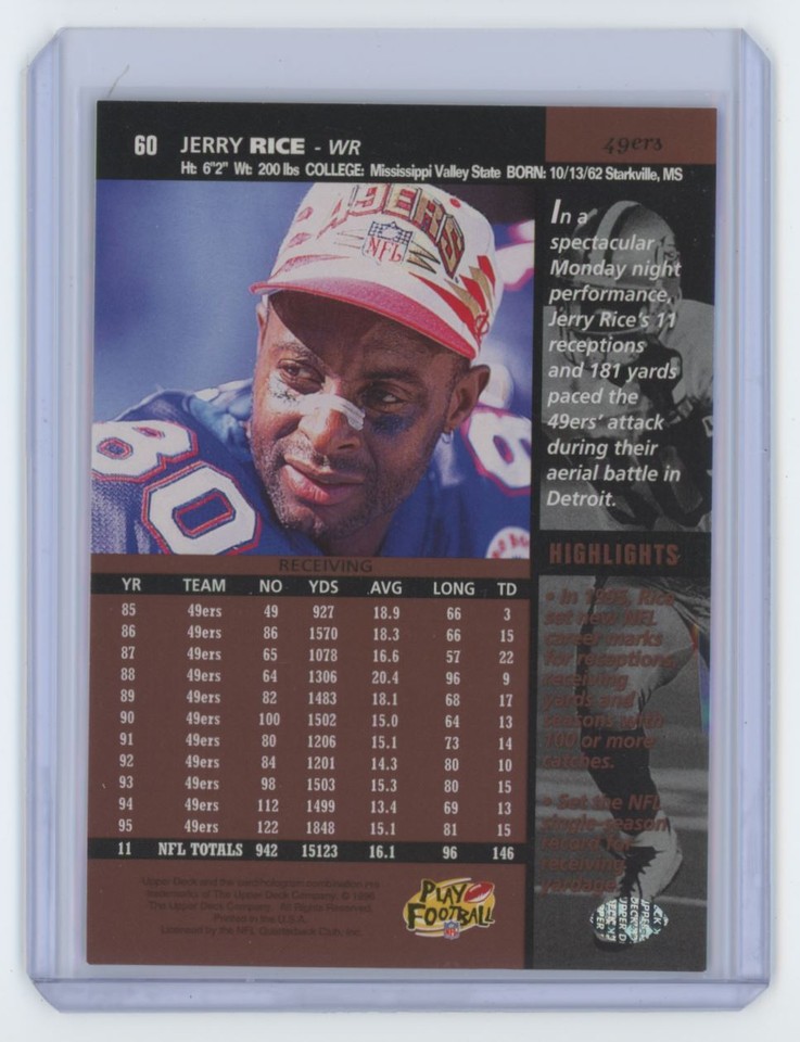 1996 Upper Deck Jerry Rice HOF Football Card 49ers #60 | eBay