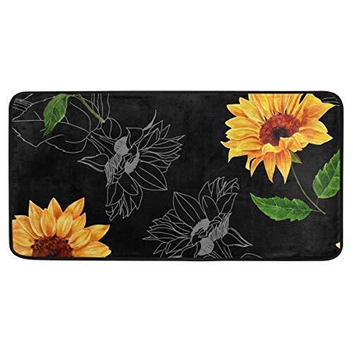 Kitchen Rugs Watercolor Sunflowers Black Background Design Non-Slip ...