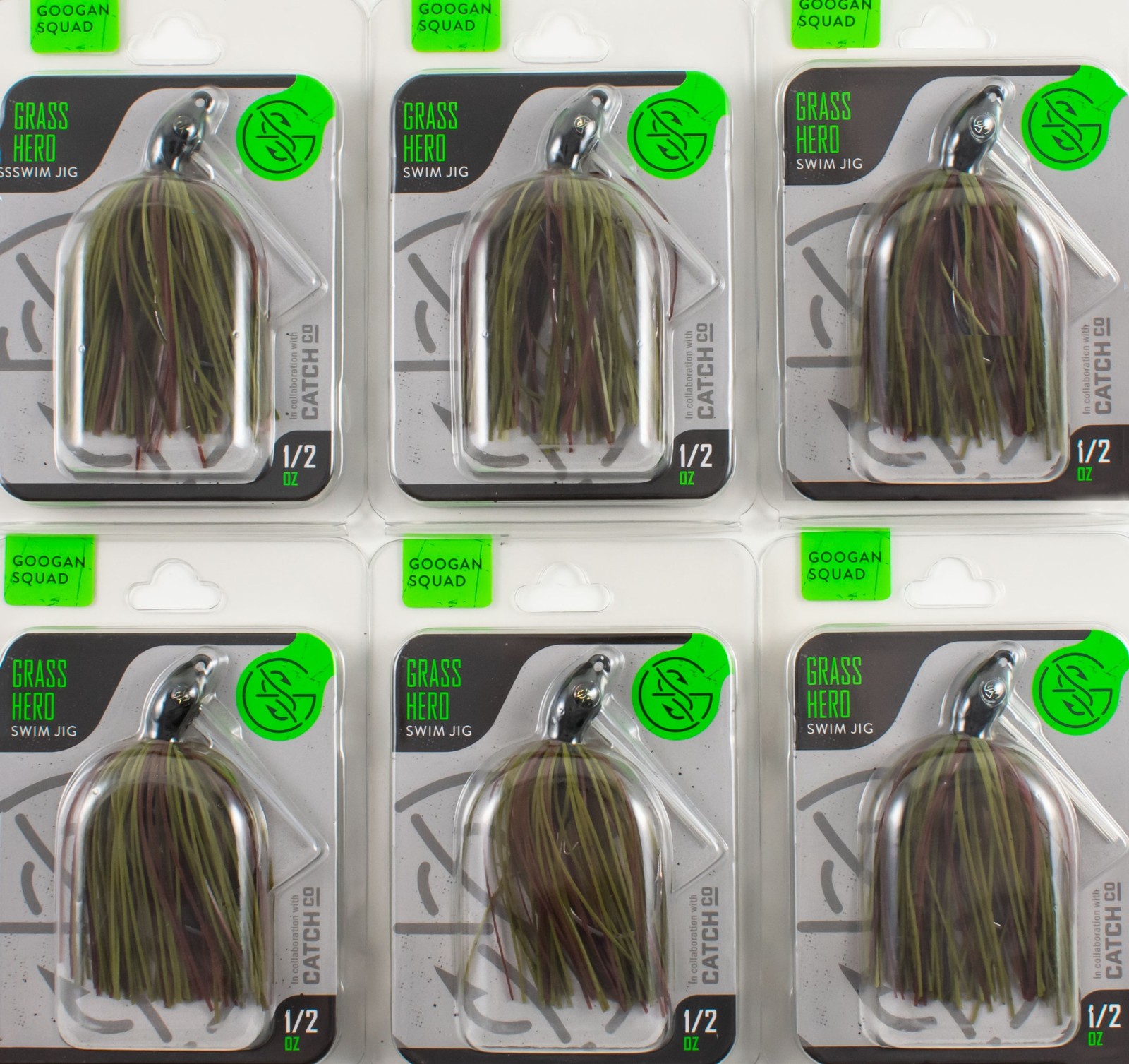 (LOT OF 6) GOOGAN SQUAD GRASS HERO SWIM JIG 5/0 1/2OZ GREEN PUMPKIN ...