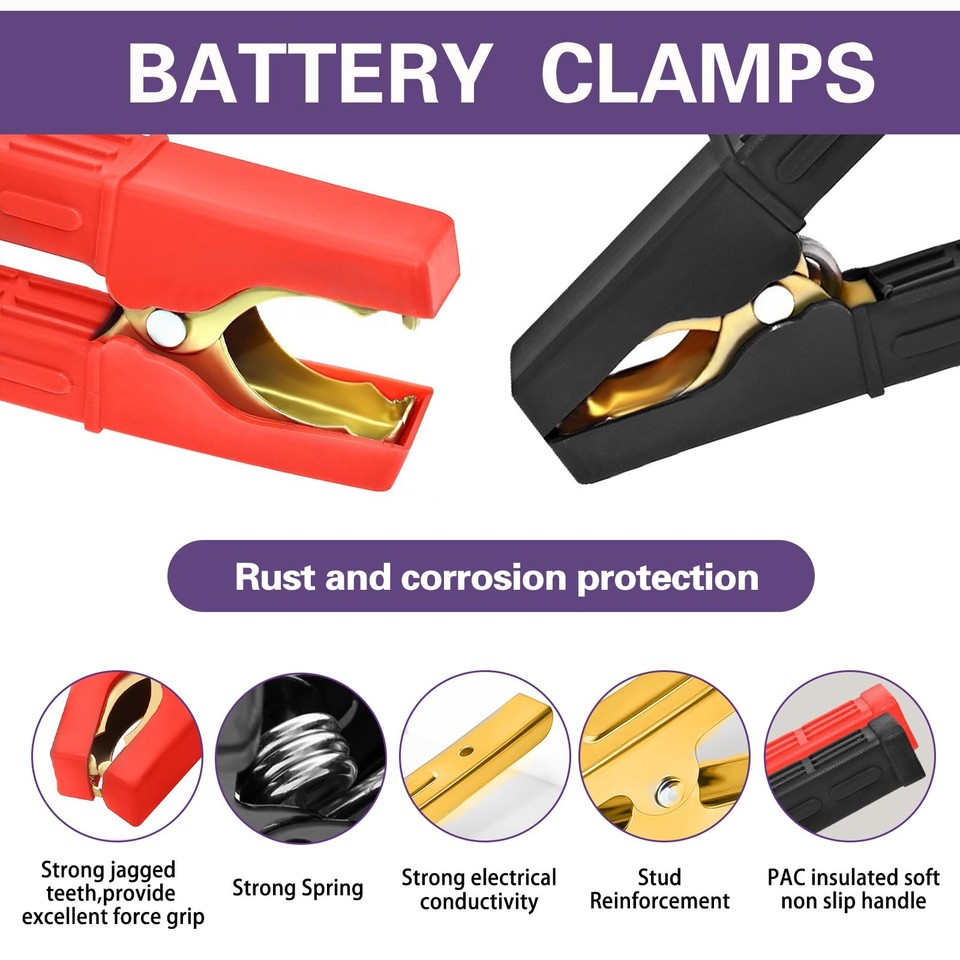 2PCS Jumper Cable Clamps Pure Copper Battery Charger Clamps Heavy Duty ...