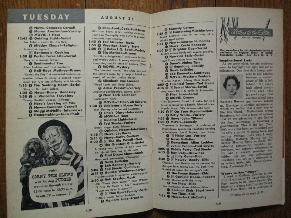 August 28-1954 TV Guide(JUNE LOCKHART/LIBERACE/ELI MINTZ/ROXANNE/BEAT ...