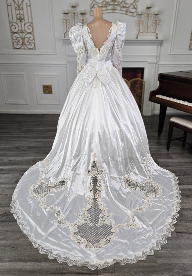 Alfred Angelo Vintage 80s 90s White Satin Long Sleeve Wedding Dress sz ...