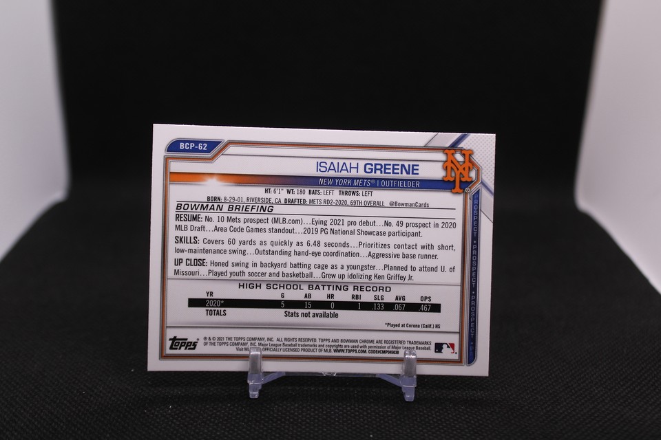 Isaiah Greene #BCP-62 2021 Bowman Sapphire BowmanChrome Prospects Mets ...