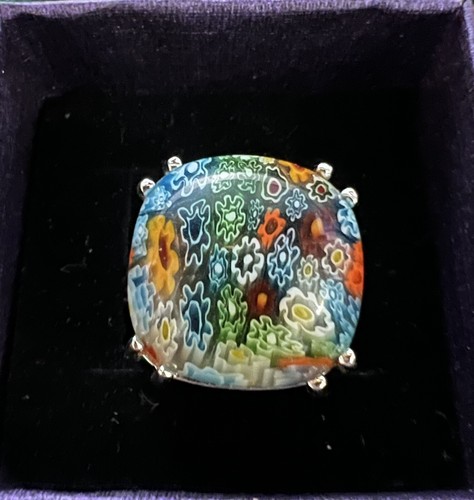 RSC Glass Millefiori Silver tone Ring Murano Style Floral Colorful Size ...