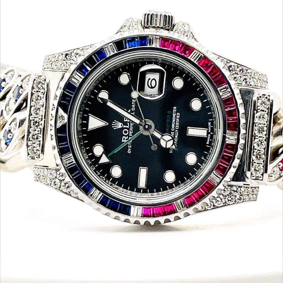 Rolex GMT-Master II Iced Out Diamond Watch 14K Gold Cuban Link Unique ...