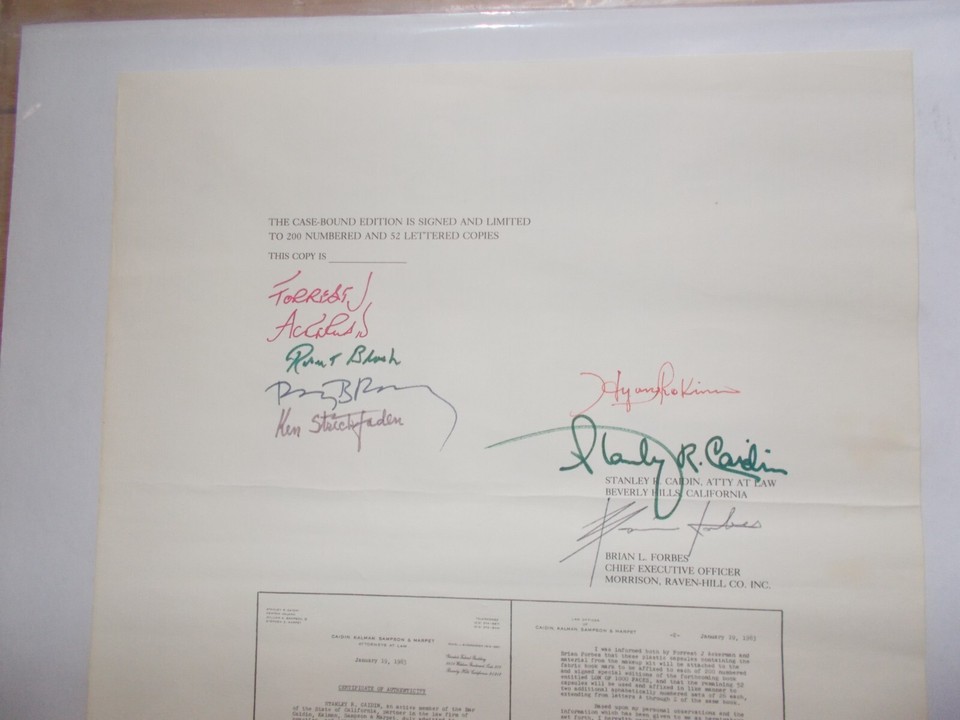 RAY BRADBURY, ROBERT BLOCH, FOREST ACKERMAN +MORE SIGNED 1983 CERT OF ...