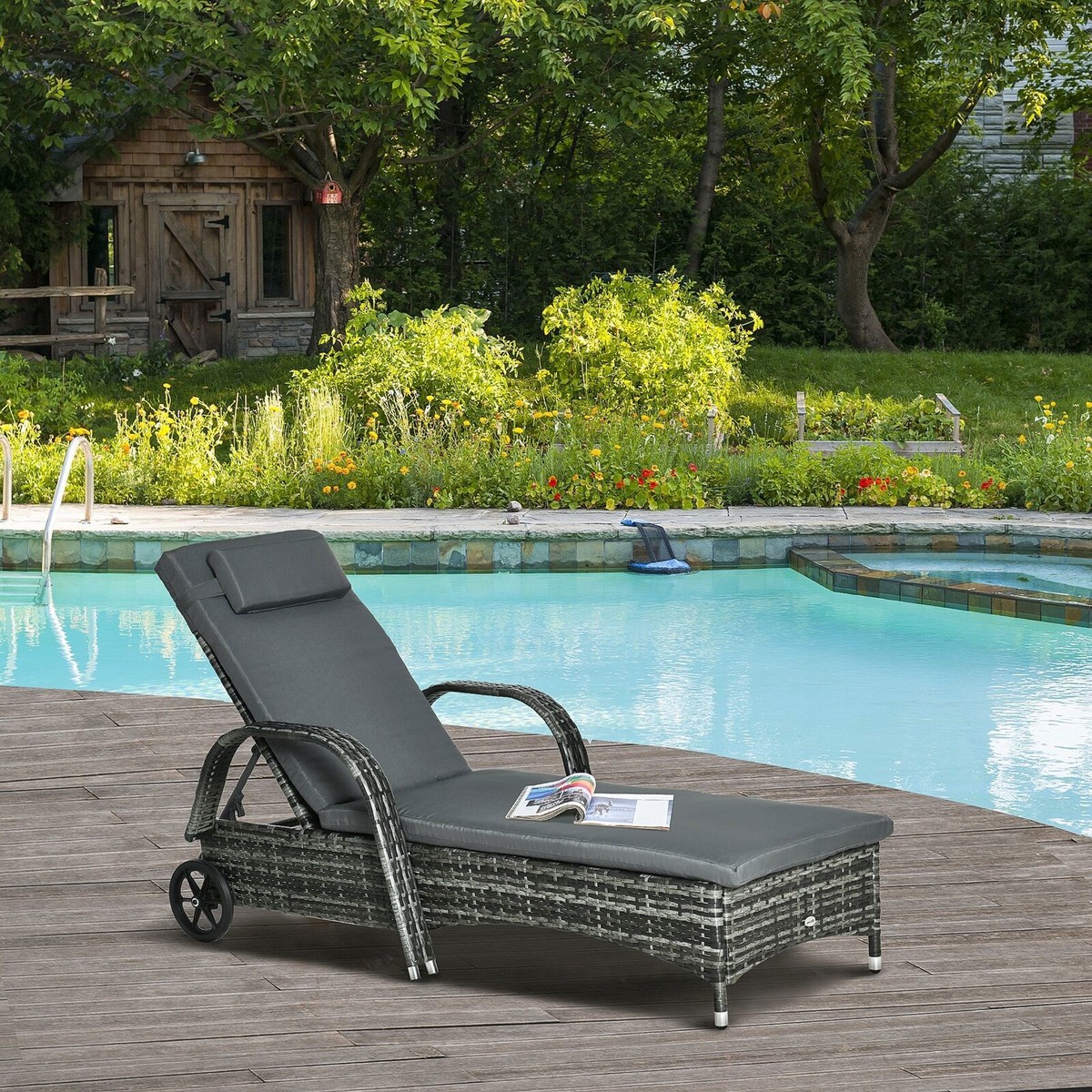 Outdoor Rattan Wicker Chaise Lounge Beach Poolside Adjustable Sofa Chair Grey