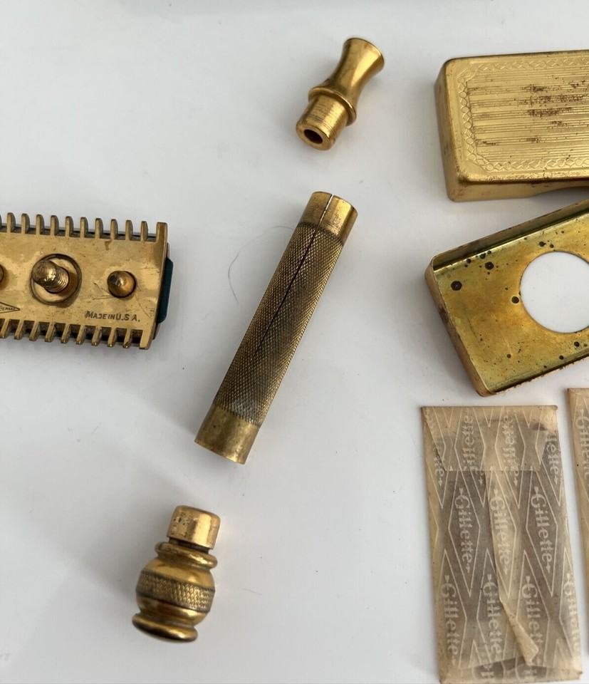 VINTAGE GILLETTE GOLD TONE 3-PIECE OPEN COMB SAFETY RAZOR W/CASE ...