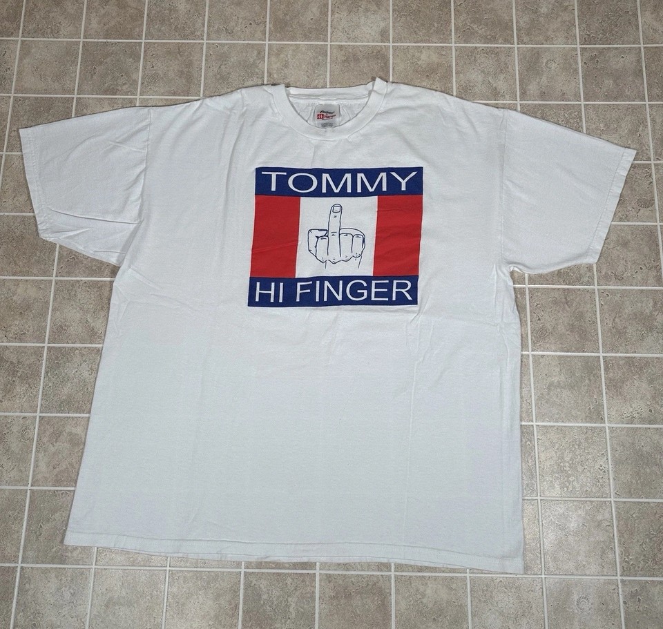 Vintage Y2K Tommy Hilfiger Parody Tommy Hi Finger Middle Finger T-Shirt ...