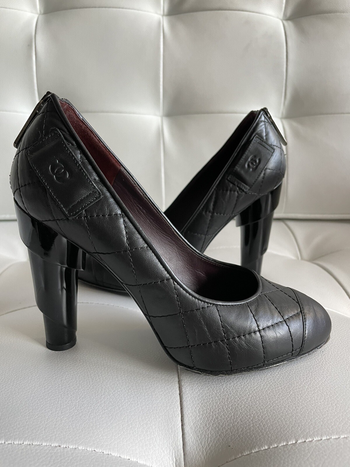 Chanel Black Leather Quilted Pumps Almond Toe Spiral … - Gem