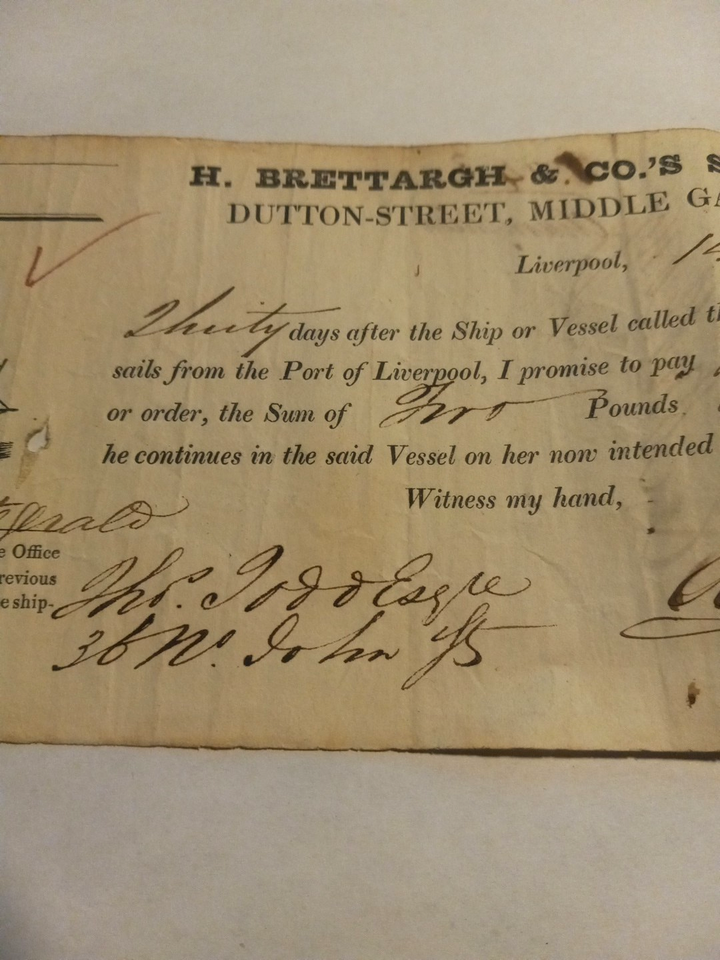 1836 British ship sailing to China Promise to pay 2 pounds 5 shillings ...