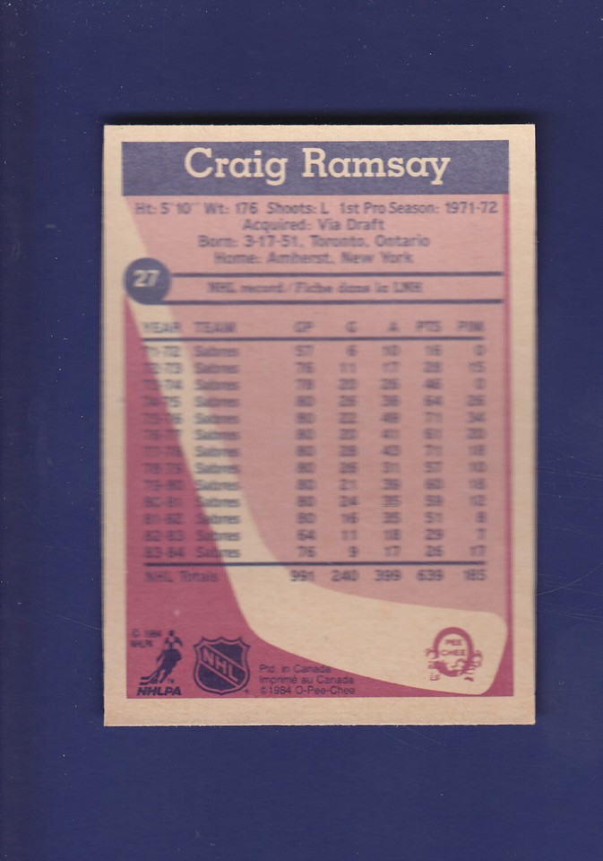 Craig Ramsay 1984-85 O-PEE-CHEE OPC Hockey #27 (NM+)(OC) Buffalo Sabres ...