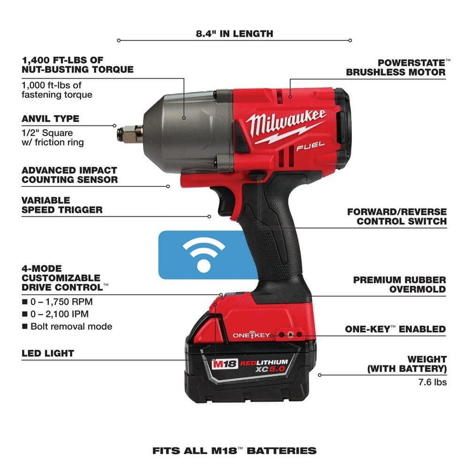 Milwaukee ONE-KEY Impact Wrench 1/2" 18V Brushless Friction Ring + 5Ah ...