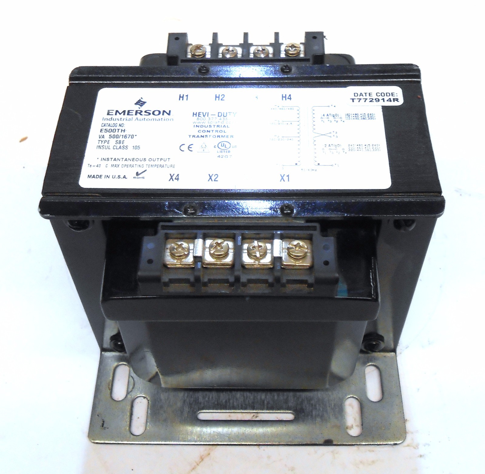 EMERSON HEVI-DUTY TRANSFORMER E500TH, TYPS SBE, 0.500 KVA, 480 VOLTS | eBay