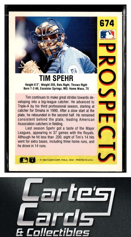 Tim Spehr 1992 Fleer #674 MLP Kansas City Royals TTM/IP Signed ...