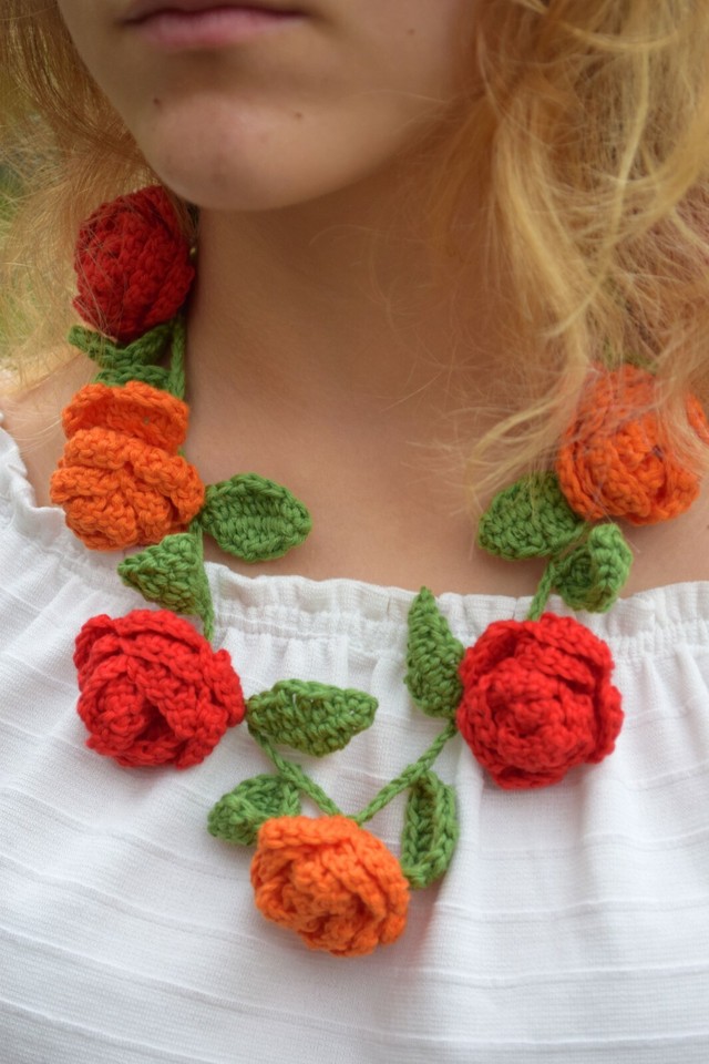 Crochet Flower necklace Boho jewelry with roses neck scarf accessories ...