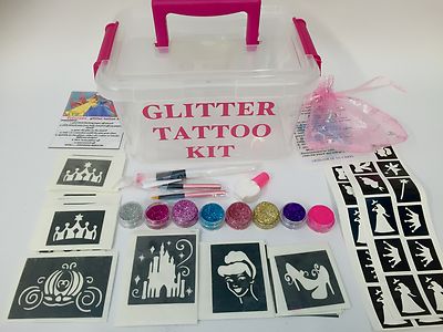GLITTER TATTOO KIT 90 large 24mini stencils 8glitters boy girl OR ...