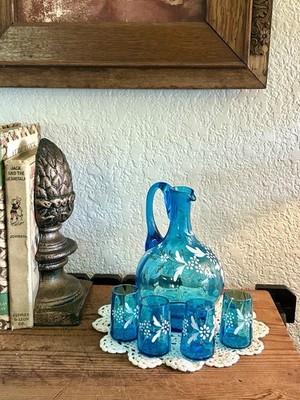 Bohemian Hand-Blown Blue Glass Cordial Set 5pc Enameled Floral Antique ...