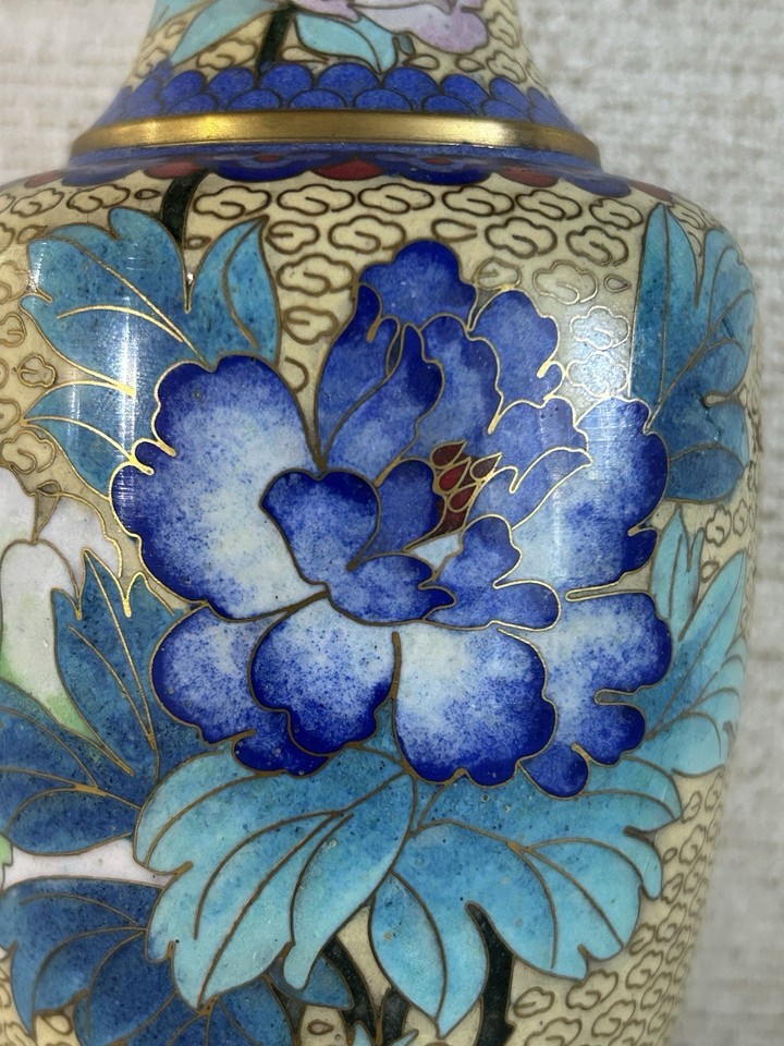 Vintage Chinese Cloisonné Vase Peony Floral 7” Blue Enamel Gold Color ...