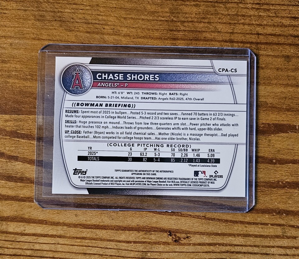 2025 Chase Shores Bowman Chrome Draft Purple Refractor 1st AUTO #d /250 ...